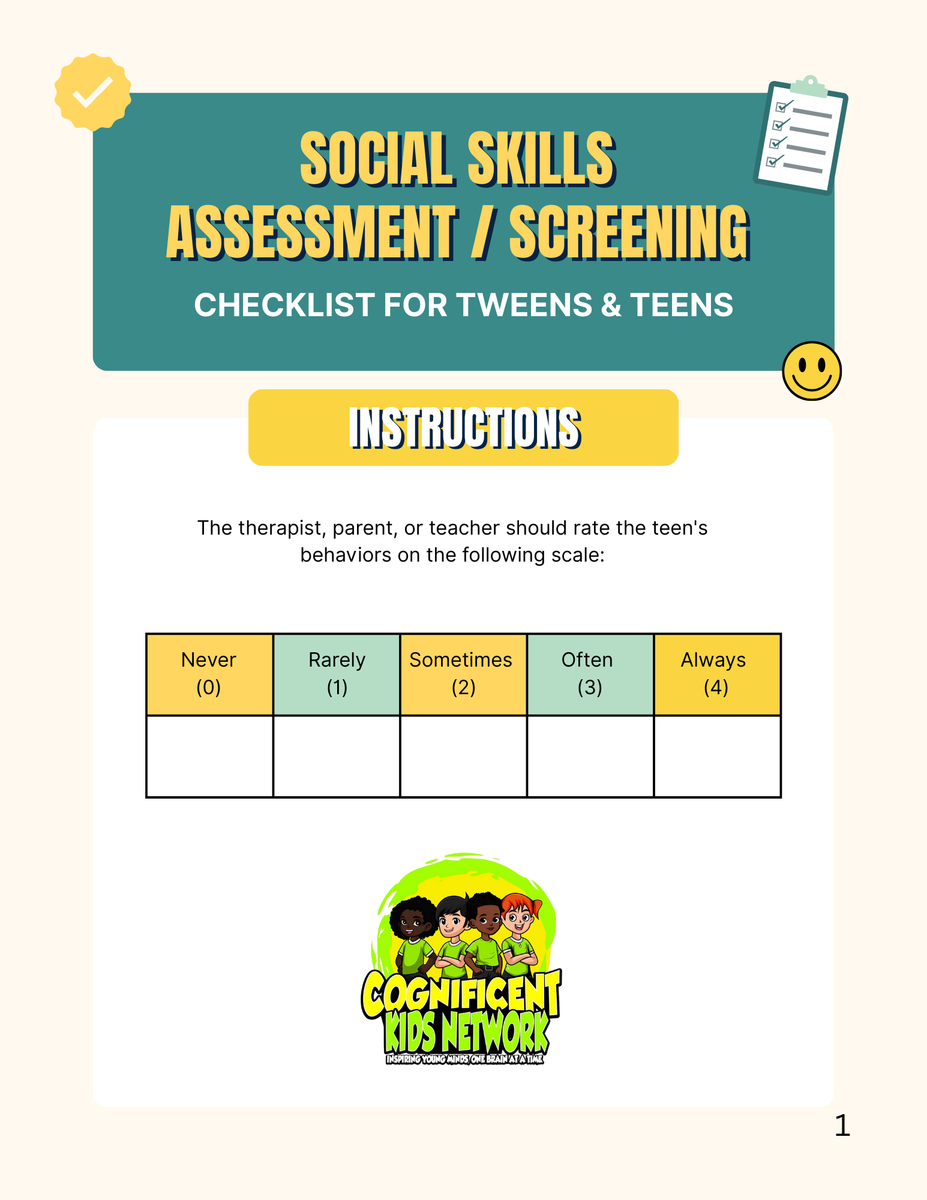 Social Skills Assessment Screening Tool for Tweens & Teens (PDF Worksh ...